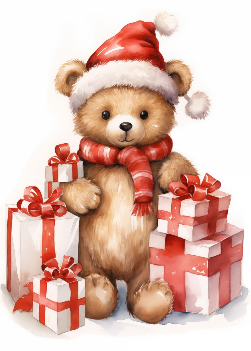 'Bear with Gifts Xmas' Poster, picture, metal print, paint by Lillian ...