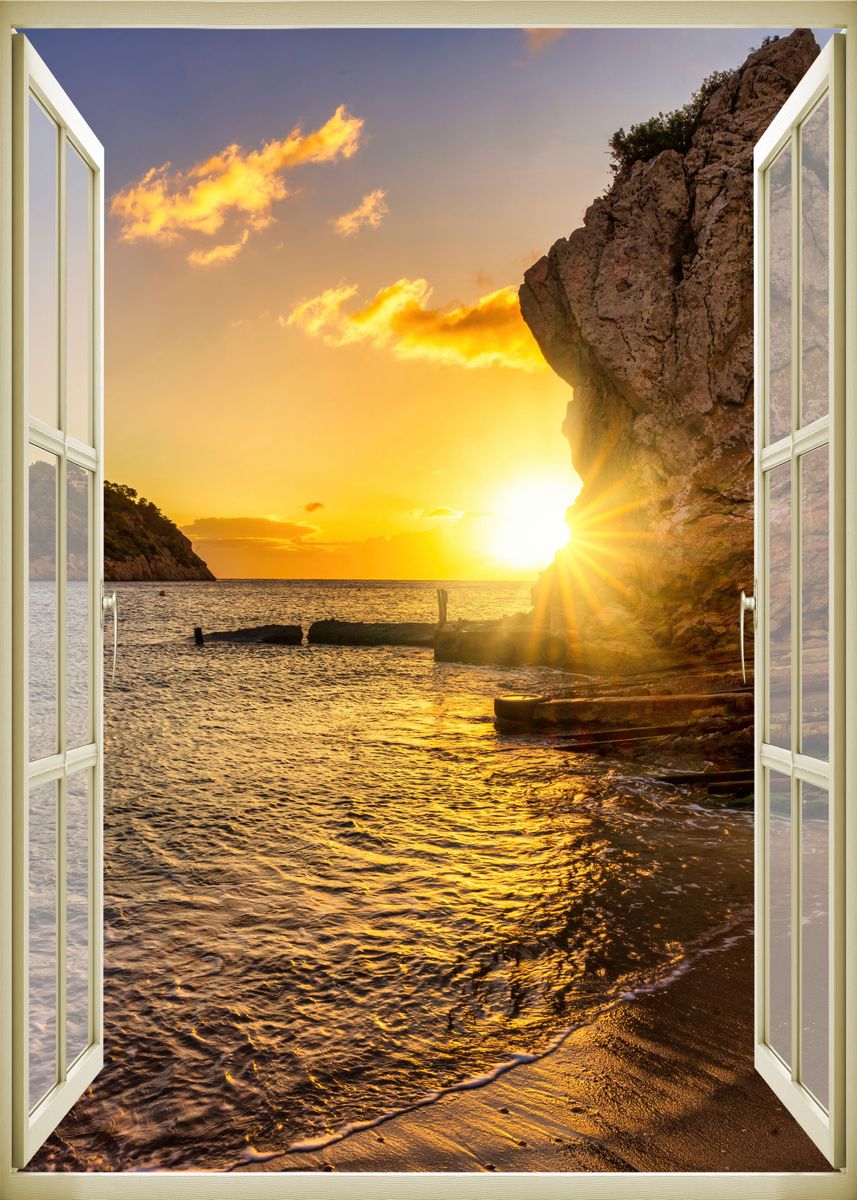 'Window view beach sunset' Poster, picture, metal print, paint by Vicen ...