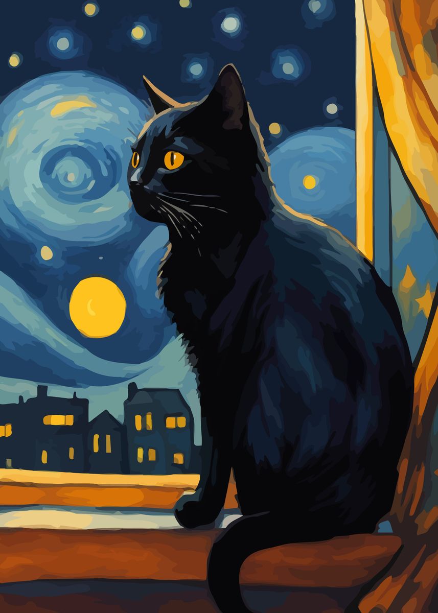 'Starry Night Black Cat ' Poster, picture, metal print, paint by Space ...
