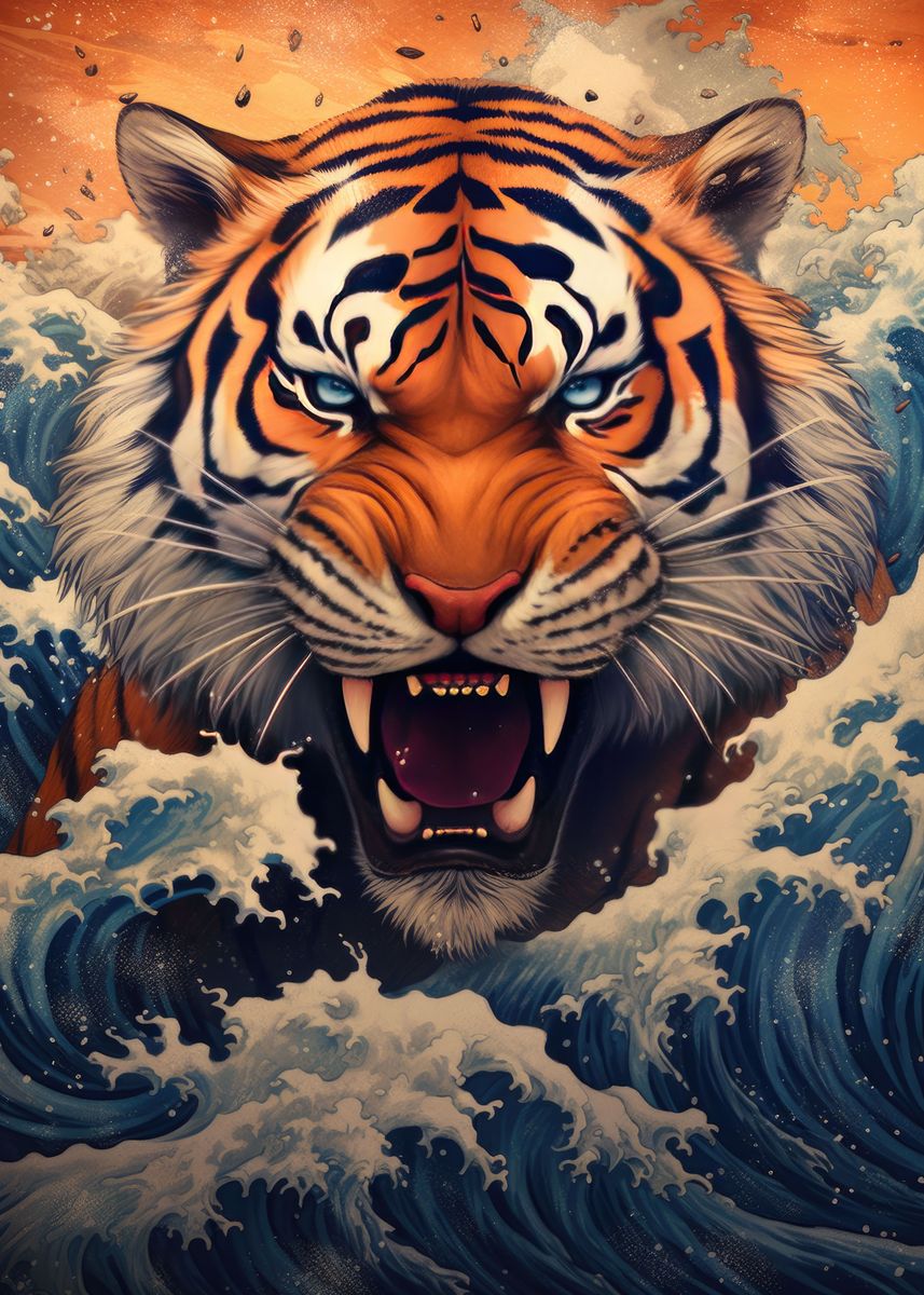 'Tiger In Waves' Poster, picture, metal print, paint by Stylianos ...