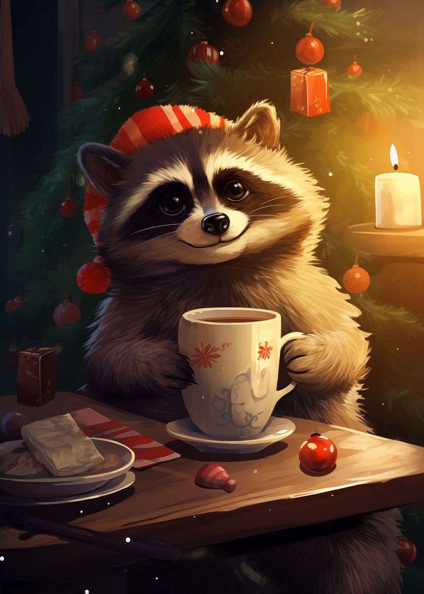 'Xmas Raccoon Tea' Poster, picture, metal print, paint by Ramiyah ...