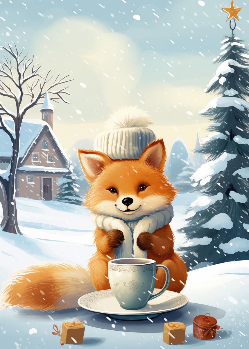 'Cute Fox Snow Tea' Poster, picture, metal print, paint by Rhyan ...