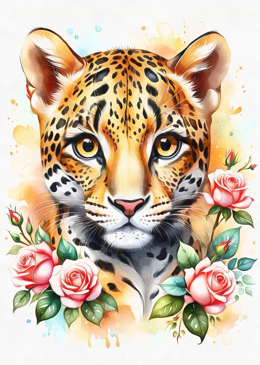 'Cute Leopard with roses' Poster, picture, metal print, paint by ...