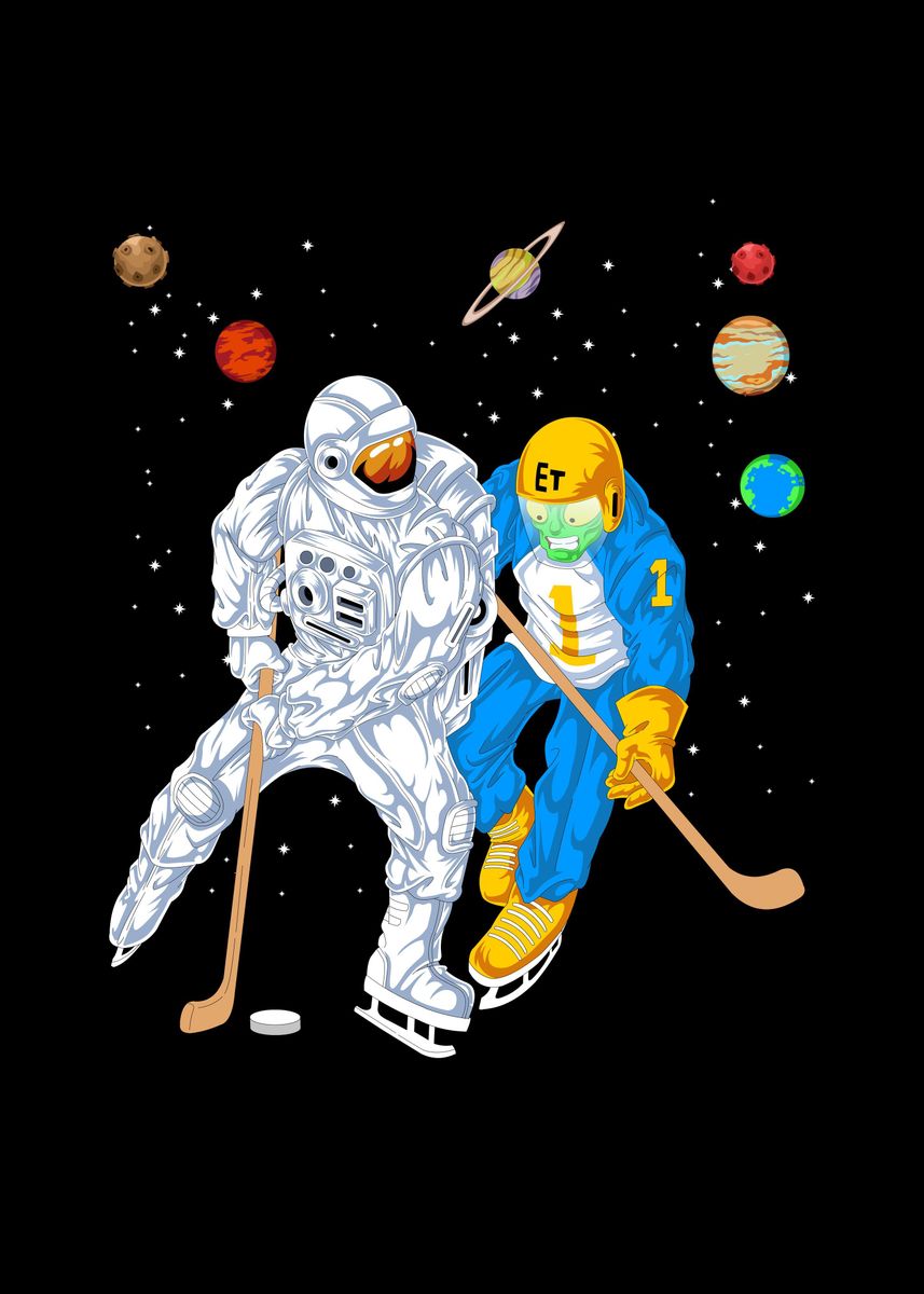 'astronaut and alien hockey' Poster, picture, metal print, paint by ...
