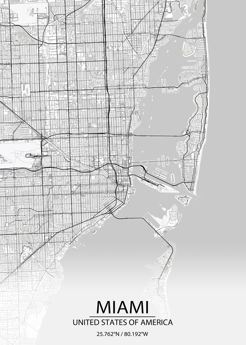 'Miami Florida White Map' Poster, picture, metal print, paint by Wall ...