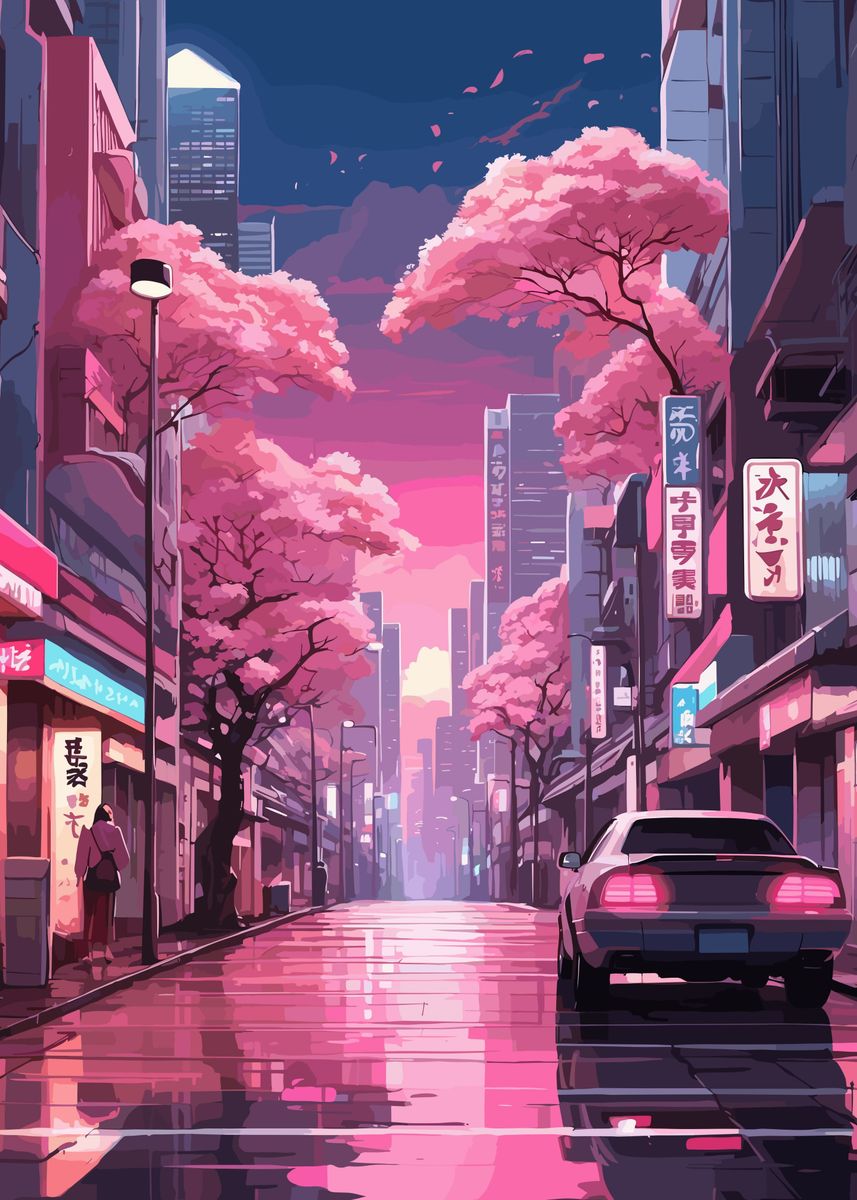 'Neon Tokyo Sakura Street' Poster, picture, metal print, paint by Jaman ...