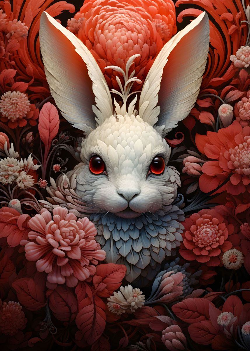 'Rabbit red flowers' Poster, picture, metal print, paint by MajopArt ...