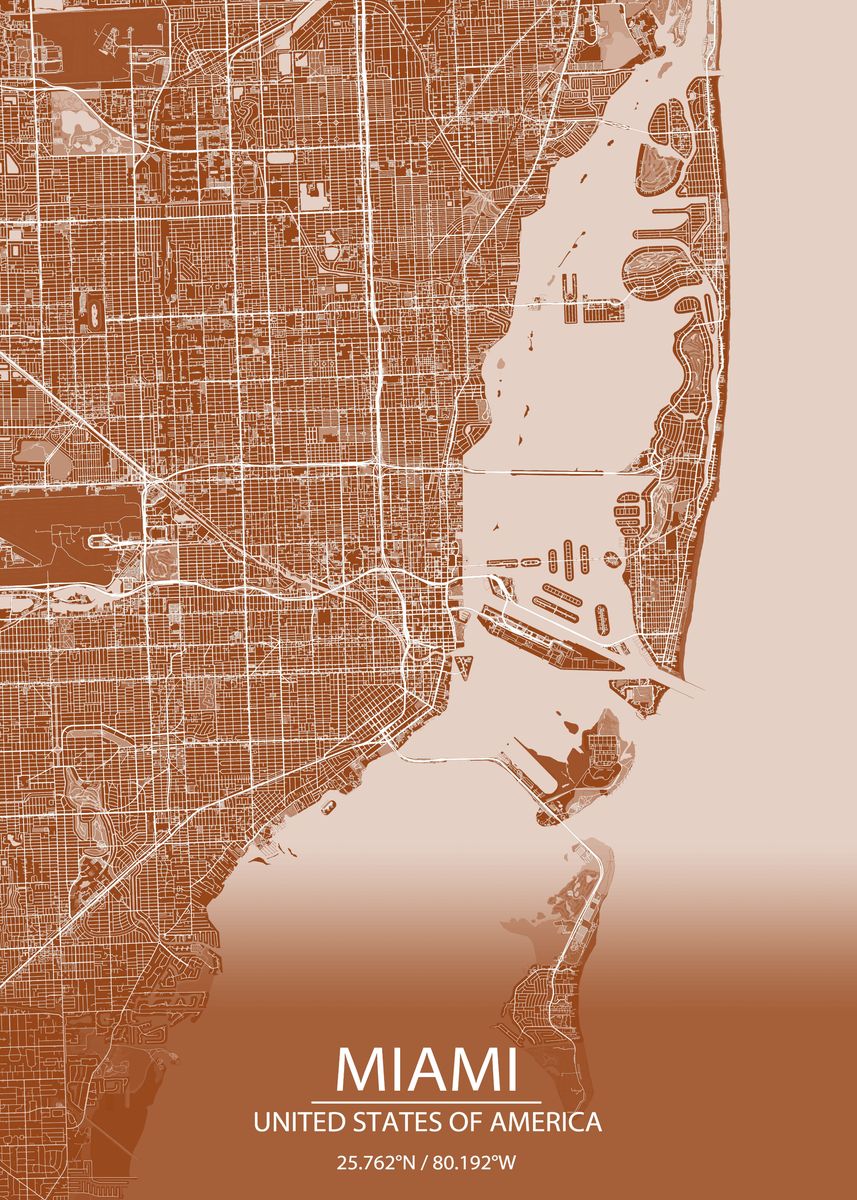 'Miami Florida US Brown Map' Poster, picture, metal print, paint by ...