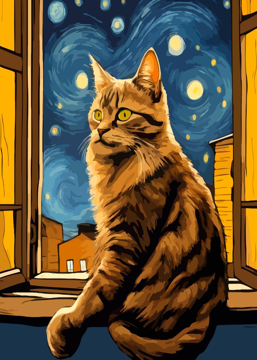'Starry Night Cat ' Poster, picture, metal print, paint by Animal ...