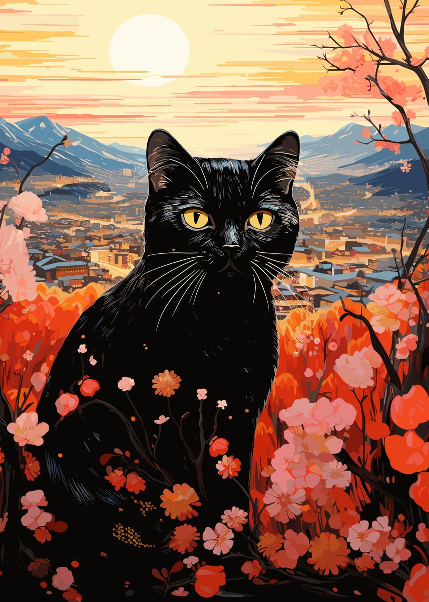 'Cat Flower Japanese' Poster, picture, metal print, paint by 99 Posters ...
