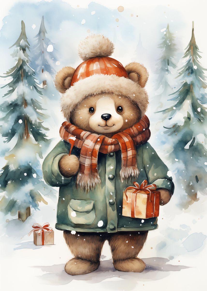 'Pretty Bear in Christmas' Poster, picture, metal print, paint by ...