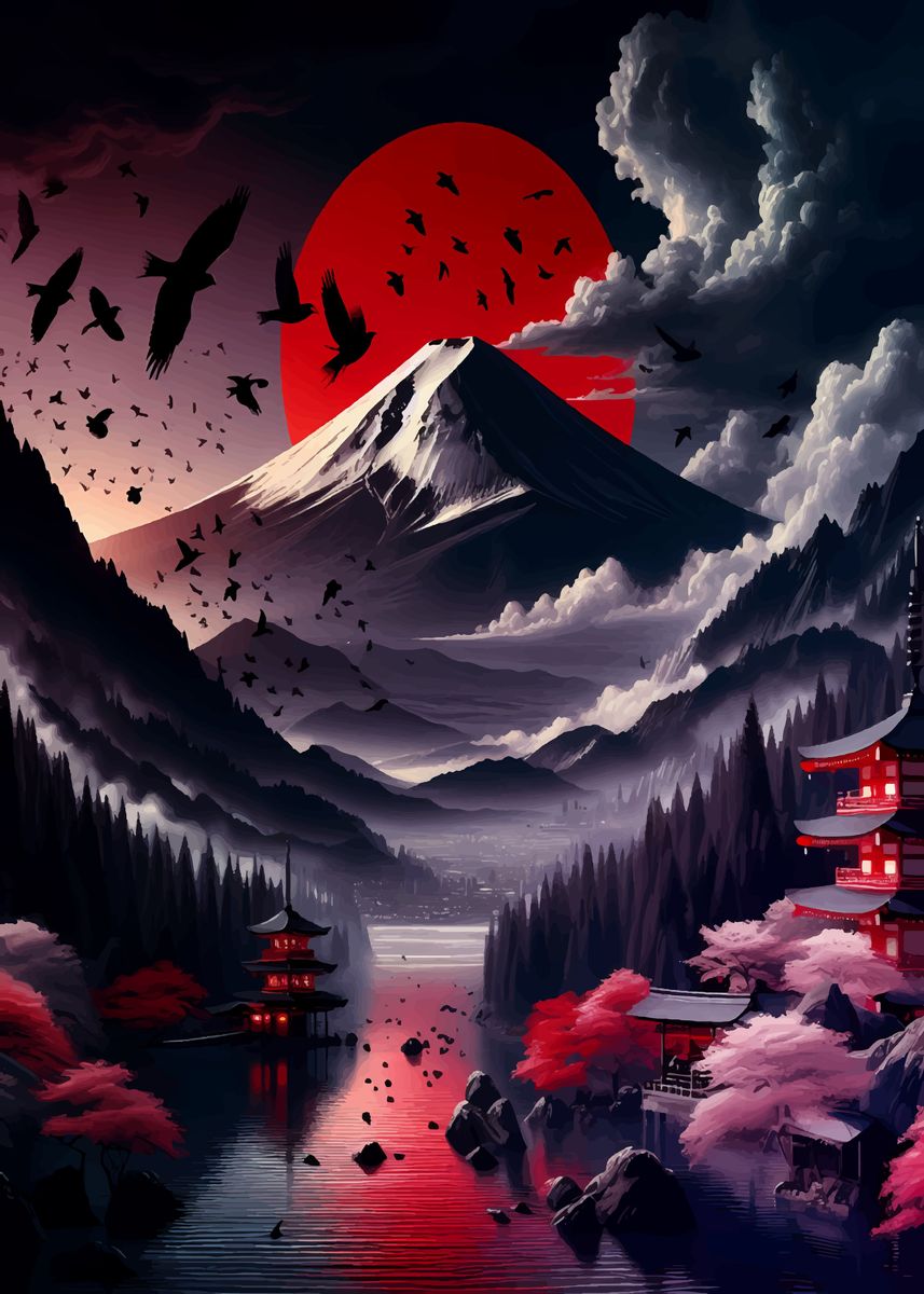 'red japan landscape' Poster, picture, metal print, paint by Live Art ...