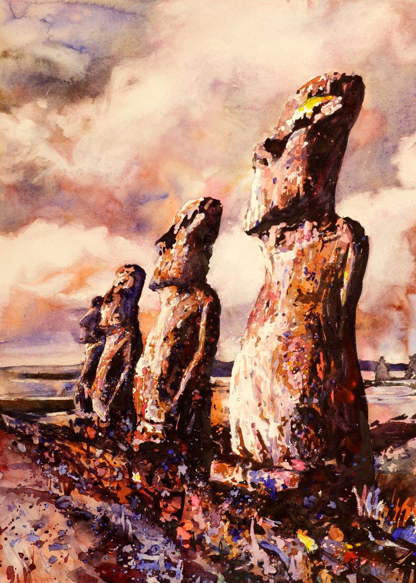 'Moai statues Easter Island' Poster, picture, metal print, paint by ...