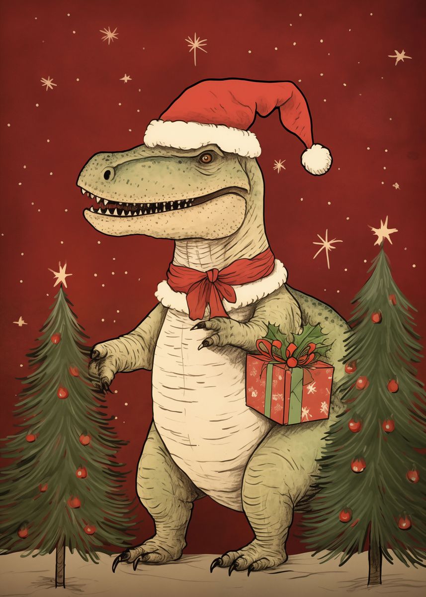 'Funny T Rex Xmas' Poster, picture, metal print, paint by Antom Nikii ...