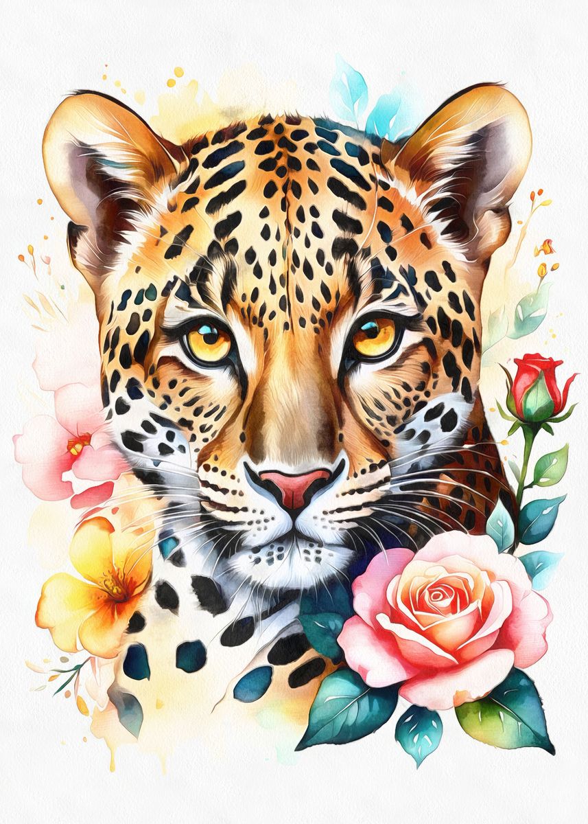'Leopard with roses' Poster, picture, metal print, paint by AnnArtshock ...