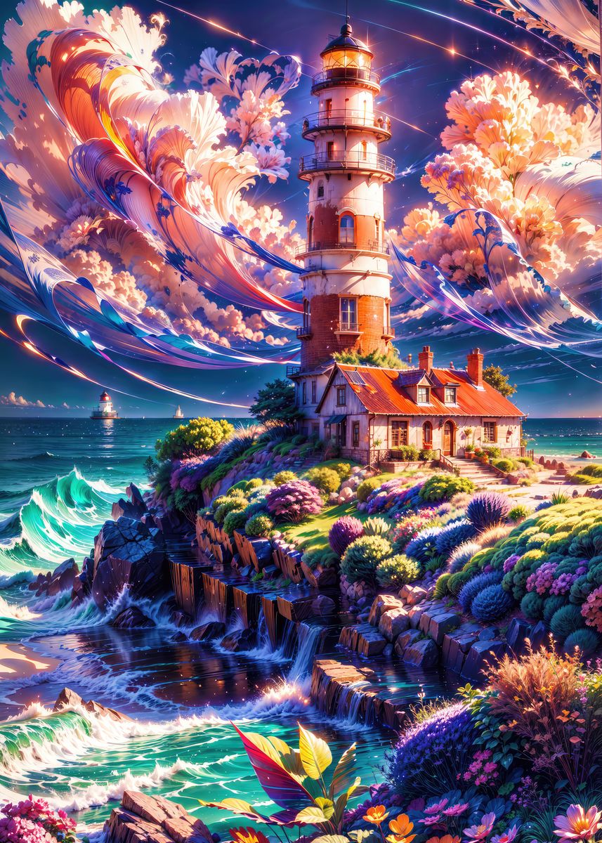 'Spectral Shores Lighthouse' Poster, picture, metal print, paint by Xi ...