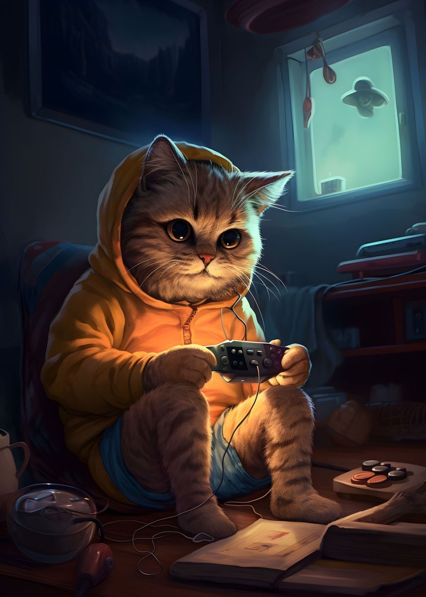 'Cat playing video games' Poster, picture, metal print, paint by ...