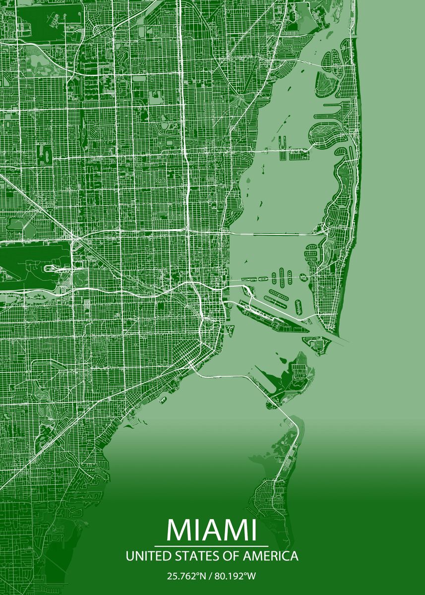 'Miami Florida US Green Map' Poster, picture, metal print, paint by ...