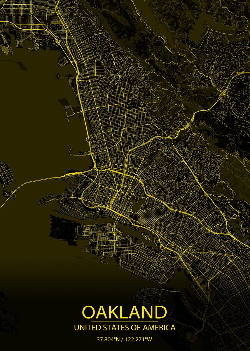 'Oakland Black Yellow Map' Poster, picture, metal print, paint by Wall ...