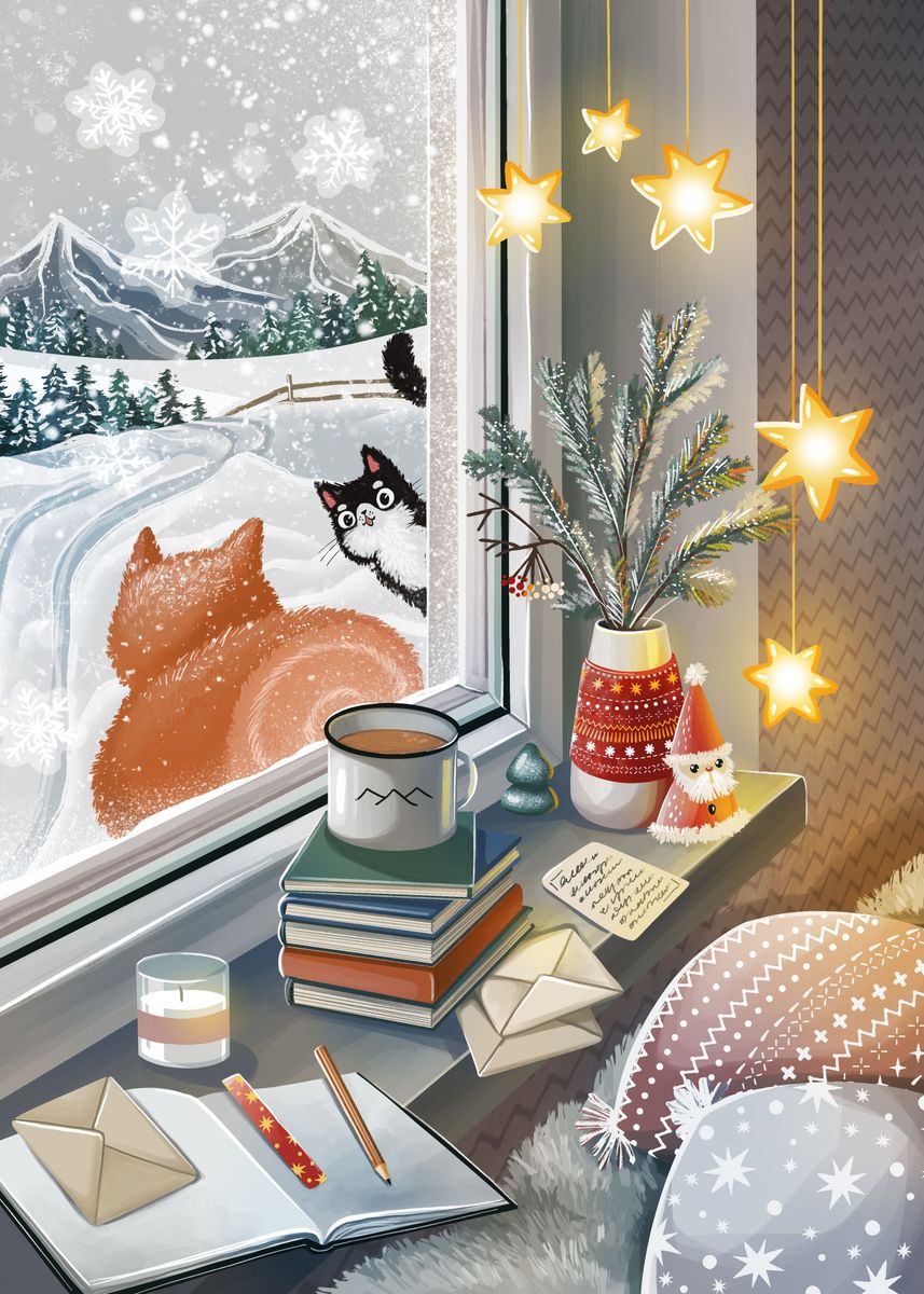 'Morning snow and cats ' Poster, picture, metal print, paint by Evgenia ...