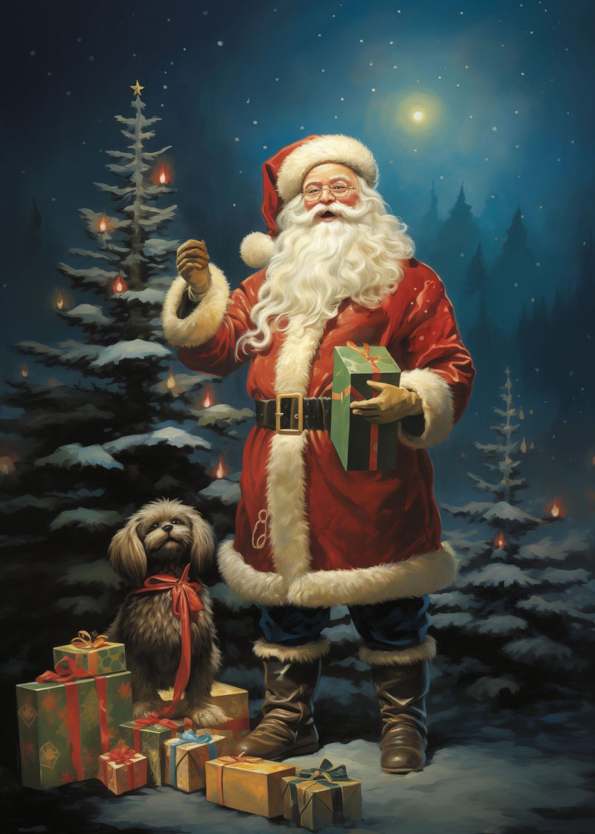 'Santa Claus and Cute Dog' Poster, picture, metal print, paint by ...