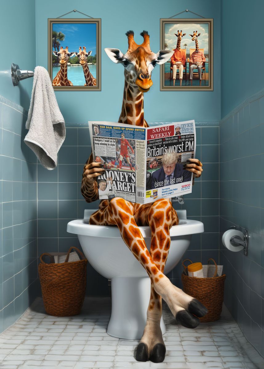 'Funny Giraffe using Toilet' Poster, picture, metal print, paint by ...