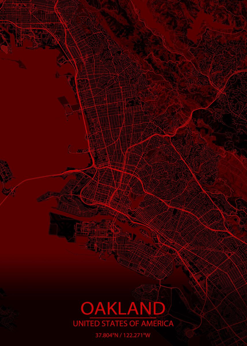 'Oakland CA Red Black Map' Poster, picture, metal print, paint by Wall ...