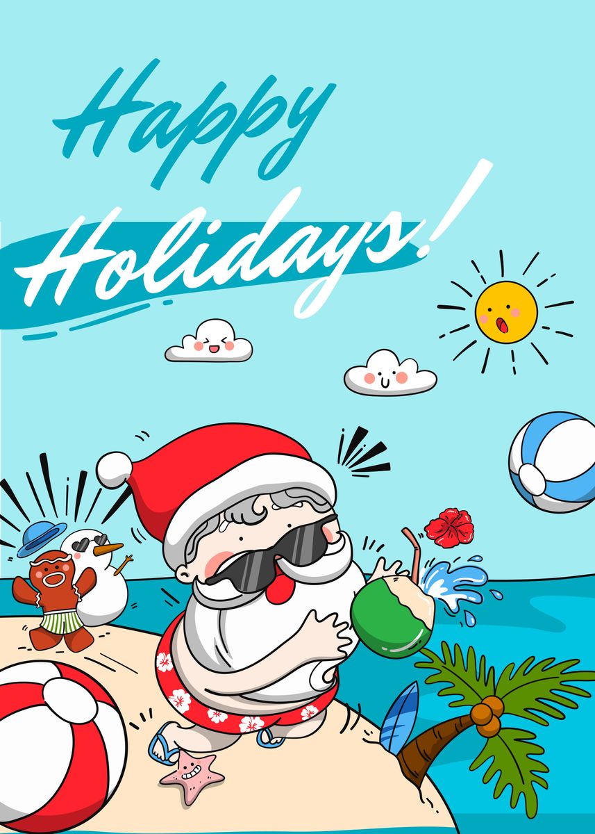 'Happy Holidays Beach Santa' Poster, picture, metal print, paint by ...
