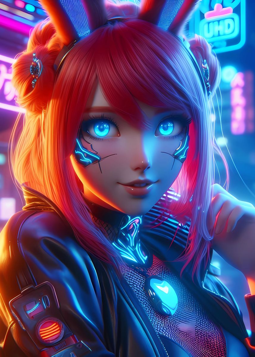 'Rabbi Girl Blue Neon Anime' Poster, picture, metal print, paint by ...