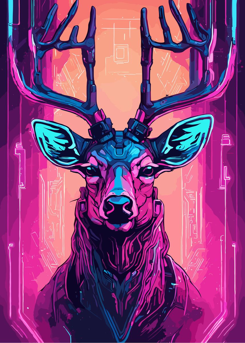 'Deer Neon Cyberpunk Animal' Poster, picture, metal print, paint by Art ...