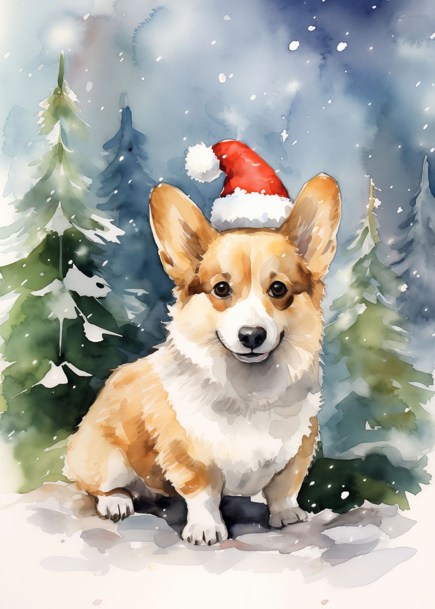 'Cute Corgi Xmas' Poster, picture, metal print, paint by Latrisha ...