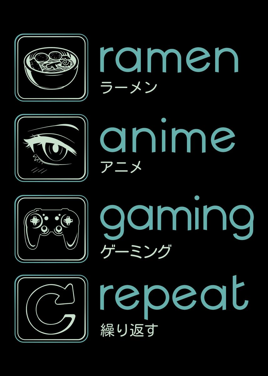 'Ramen Anime Gaming Repeat' Poster, picture, metal print, paint by Adam ...