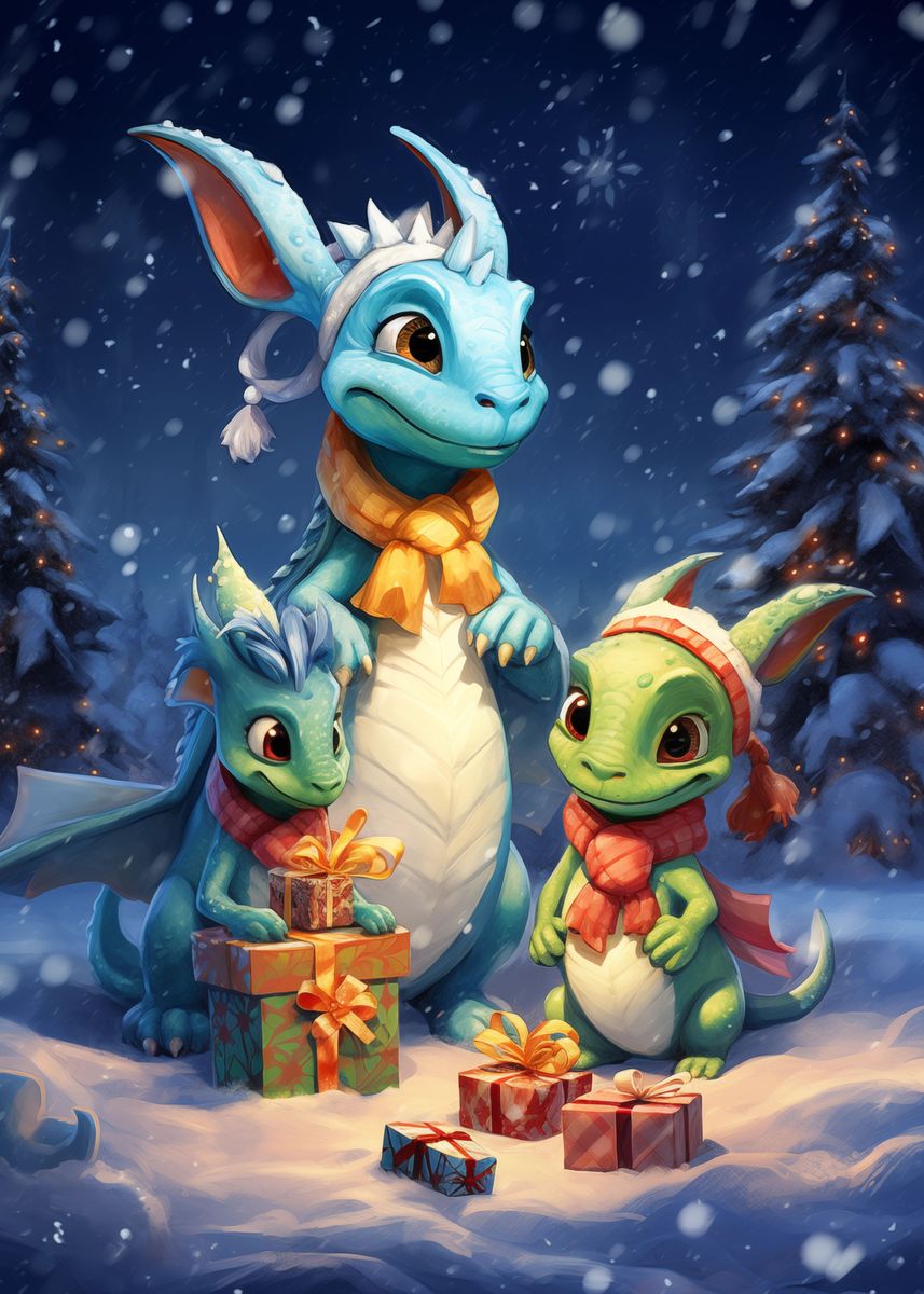 'Dragon Christmas Family' Poster, picture, metal print, paint by Meriah ...
