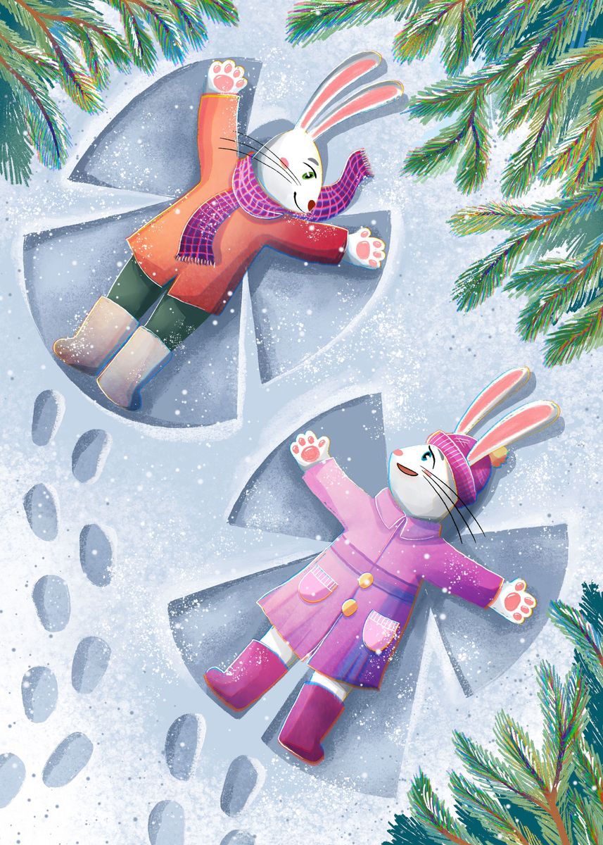 'Bunnies and snow angels' Poster, picture, metal print, paint by ...
