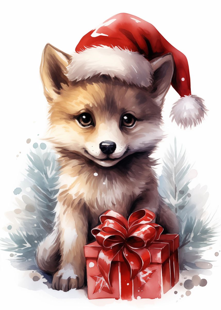 'Merry Cute Wolf Xmas' Poster, picture, metal print, paint by Antonette ...