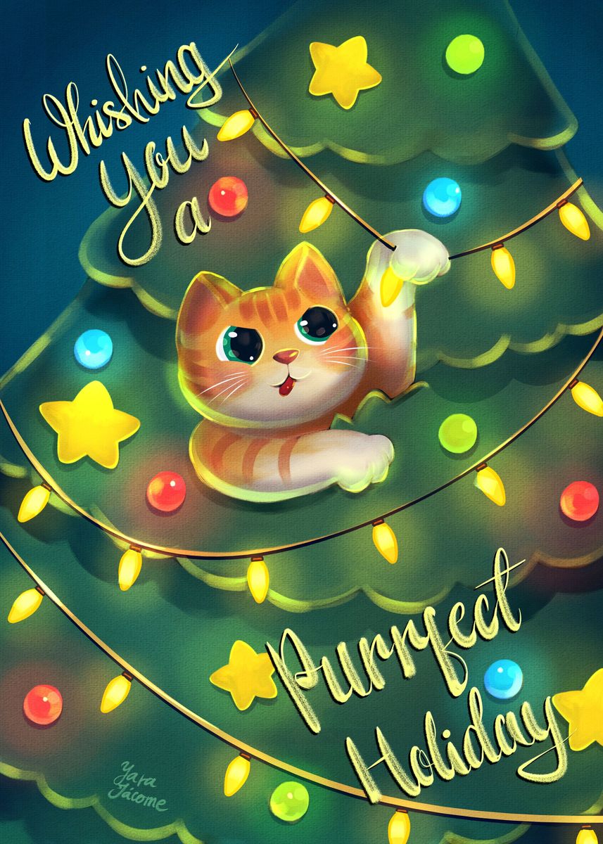 'Christmas Cat Tree' Poster, picture, metal print, paint by Yara Jácome ...