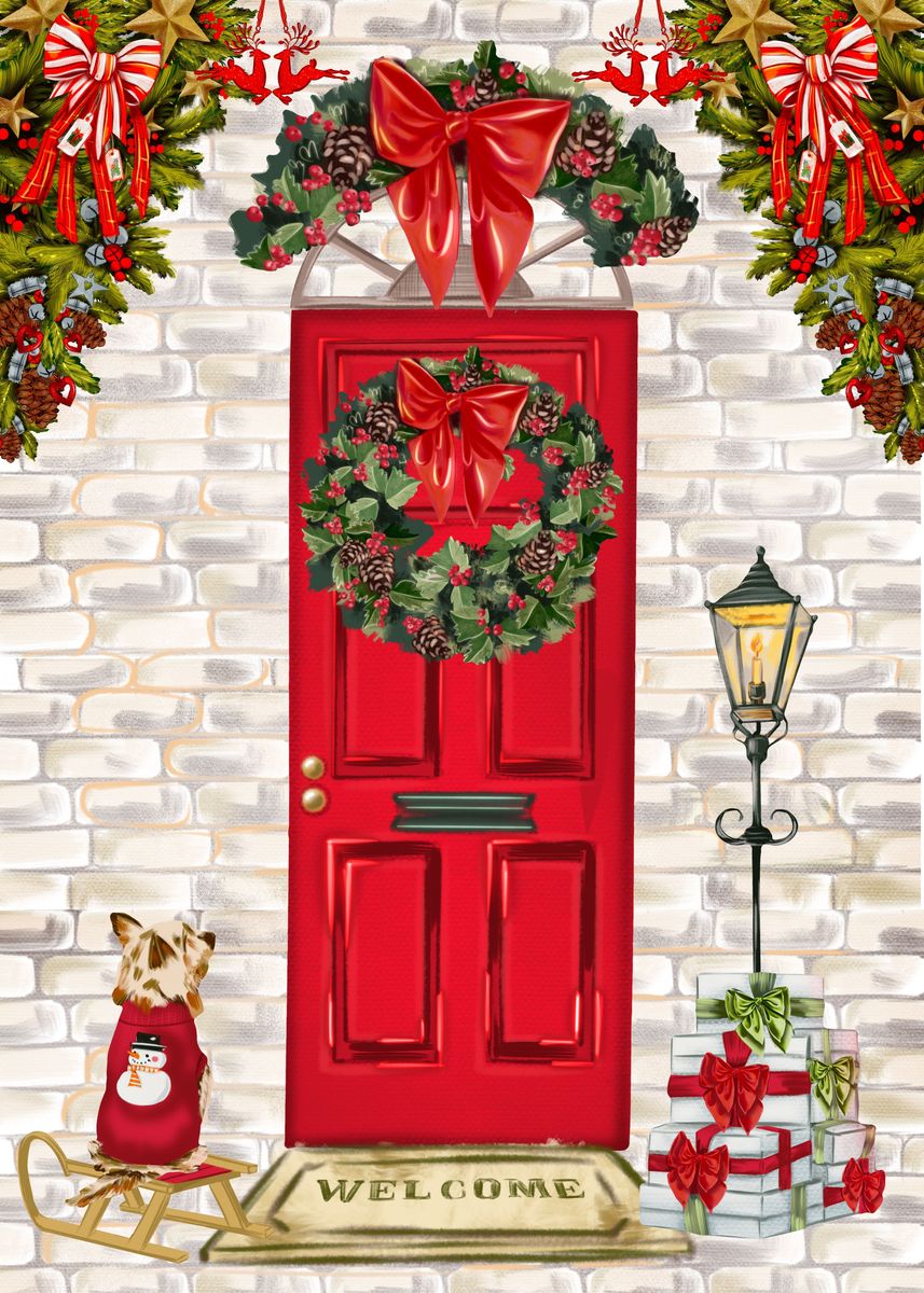 'Red Christmas Door Decor ' Poster, picture, metal print, paint by Art ...
