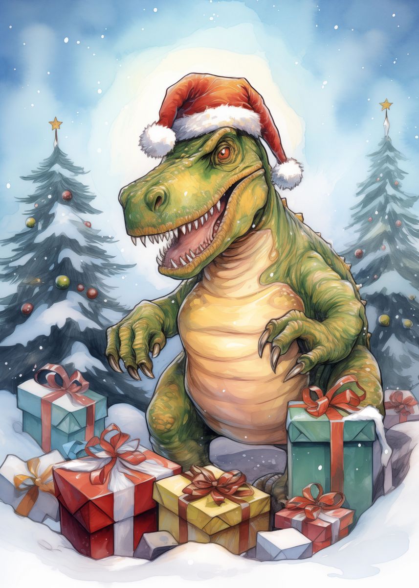 'Funny Christmas T Rex' Poster, picture, metal print, paint by Asmaa ...
