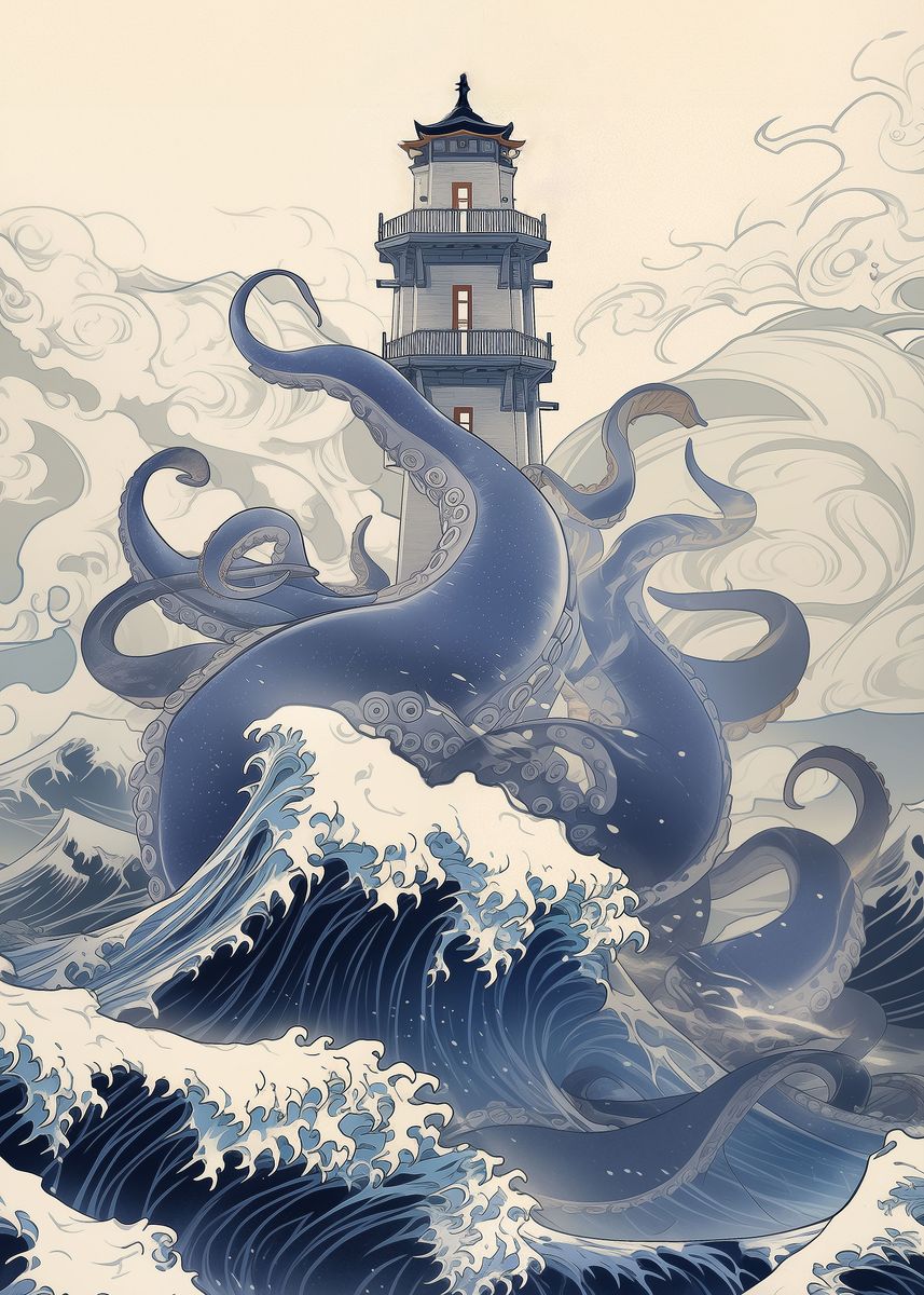 'A lighthouse and monster' Poster, picture, metal print, paint by ...