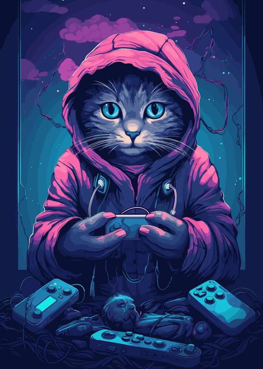 'Gaming Cat' Poster, picture, metal print, paint by 99 Posters | Displate