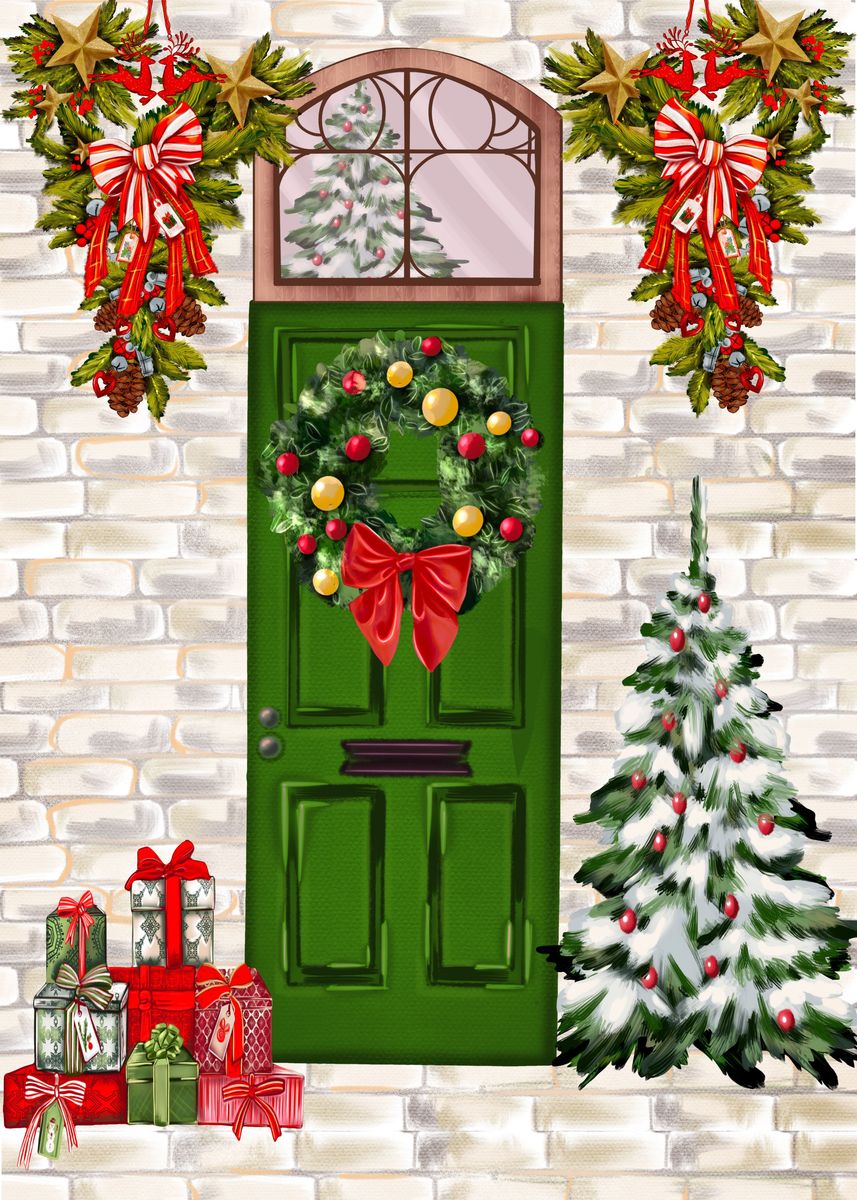 'Green door Christmas Decor' Poster, picture, metal print, paint by Art ...