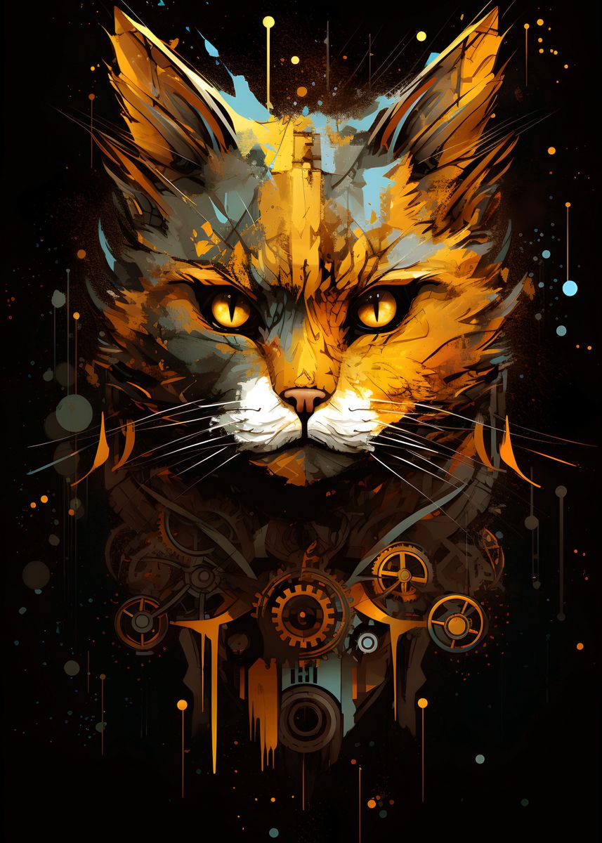 'Golden Machine Cat' Poster, picture, metal print, paint by Chris Nolan ...