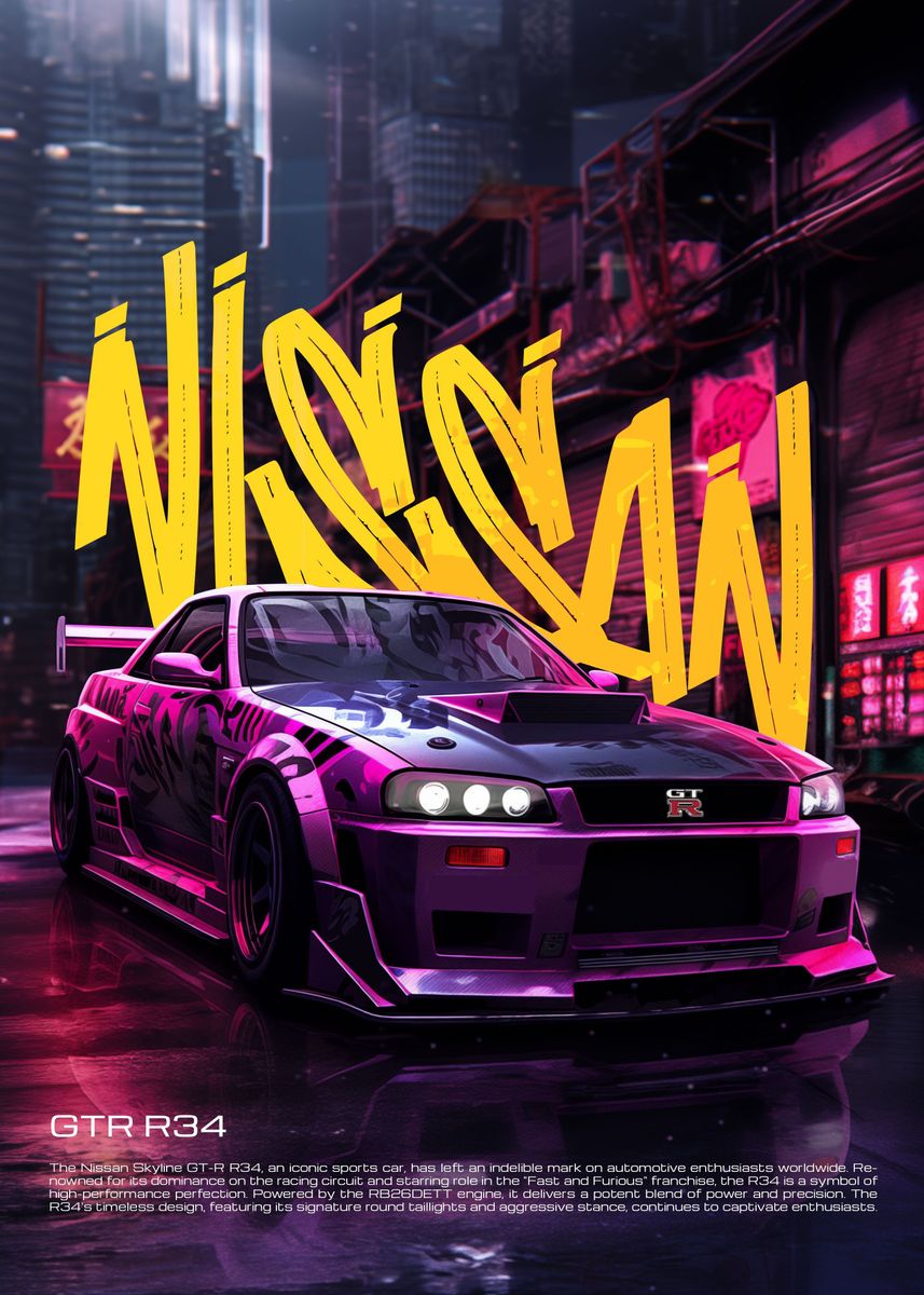 'Nissan GTR R34 Car' Poster, picture, metal print, paint by Basues ...