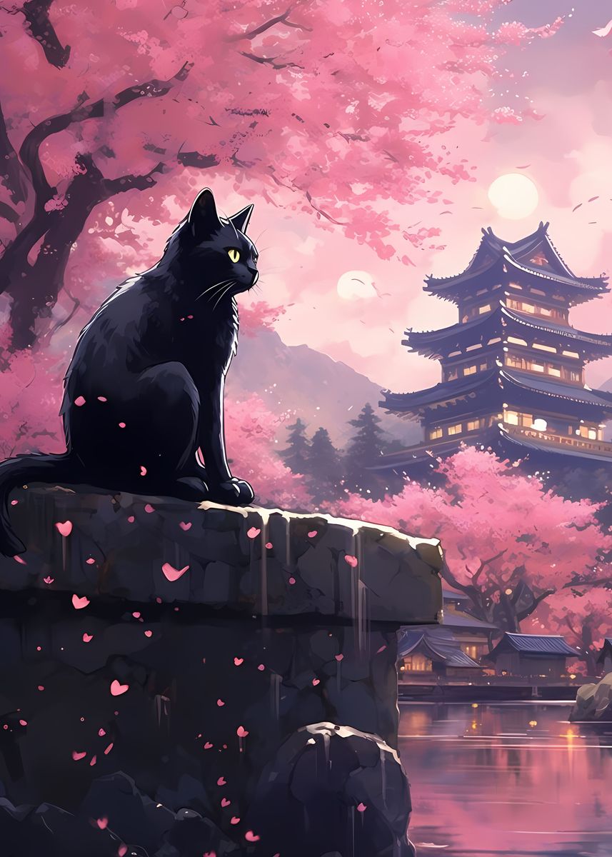 'Cat Cherry Blossom Japan' Poster, picture, metal print, paint by ...