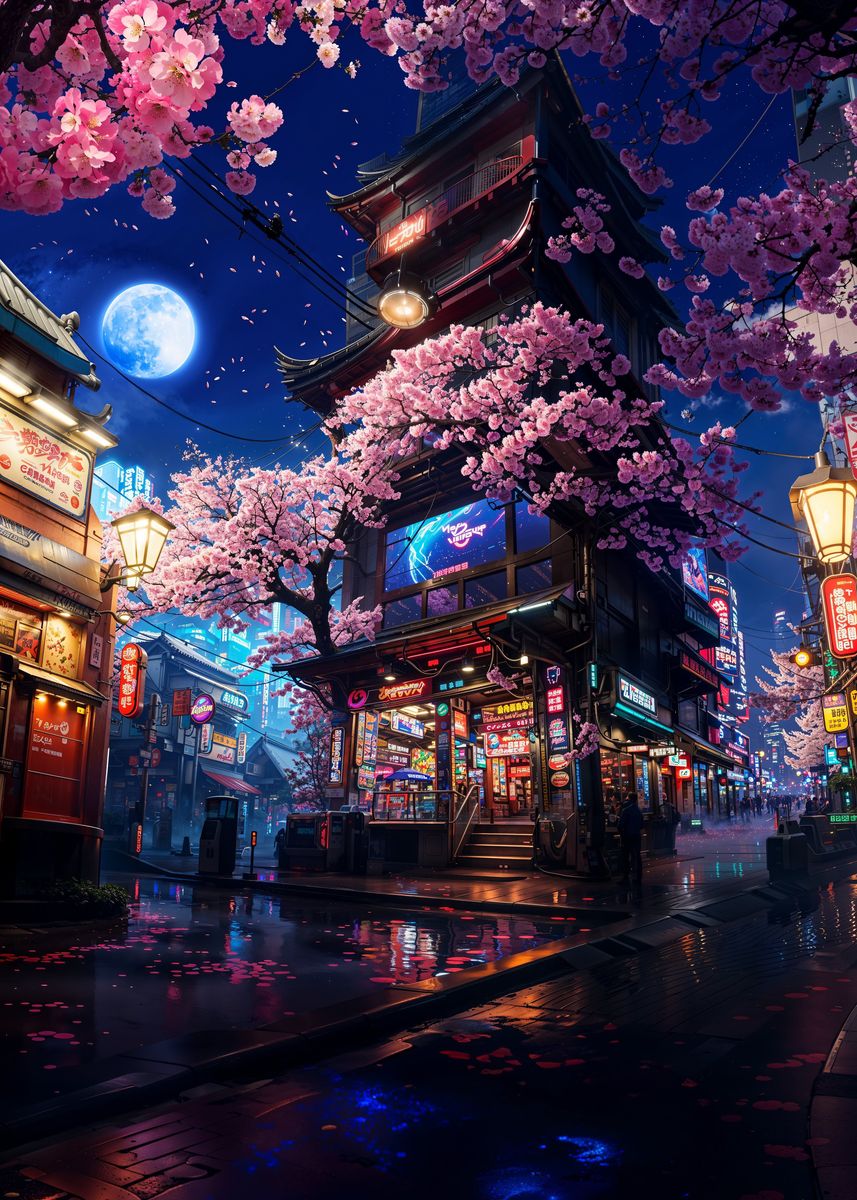 'Neon Tokyo Sakura Store' Poster, picture, metal print, paint by ...