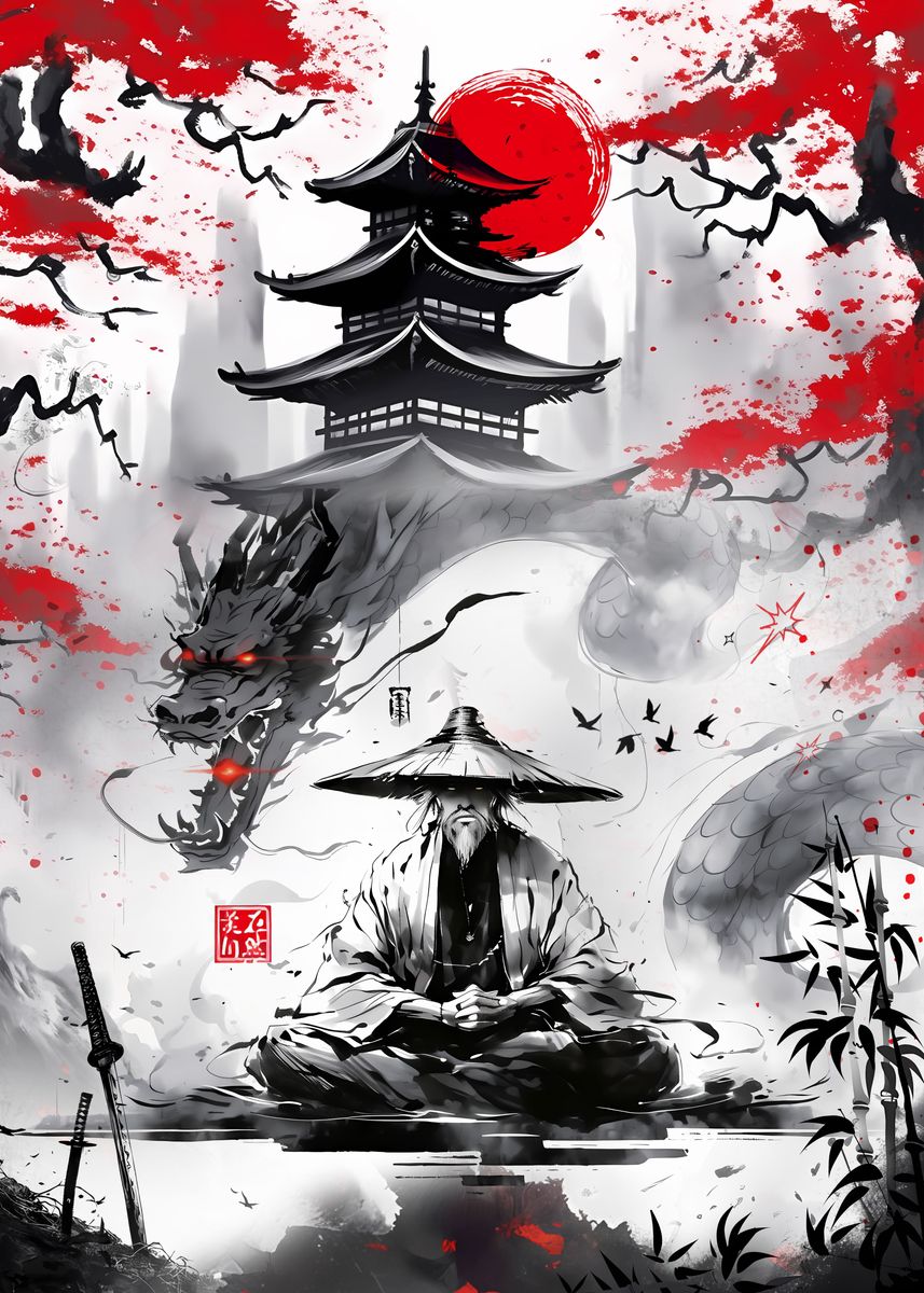 'Red Moon Samurai ' Poster, picture, metal print, paint by Kim Gerald ...