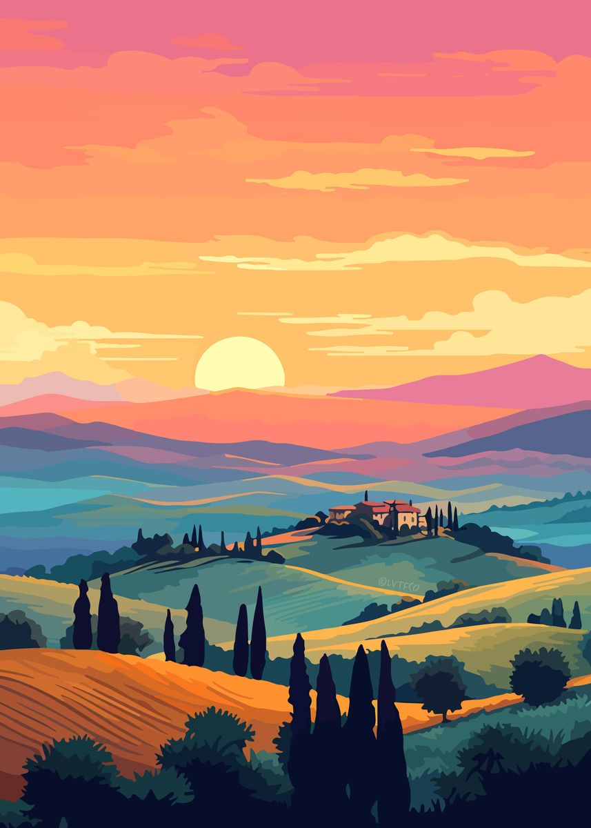 'Tuscan Sunset Italy Travel' Poster, picture, metal print, paint by ...