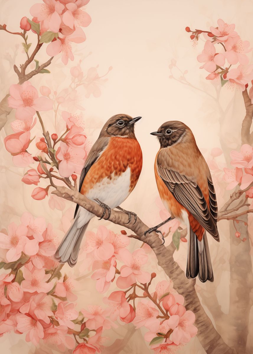 'Robin Bird Couple Painting' Poster, picture, metal print, paint by ...