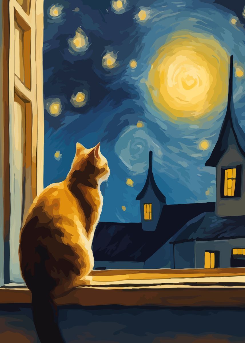 'Starry Night Cat ' Poster, picture, metal print, paint by Animal ...