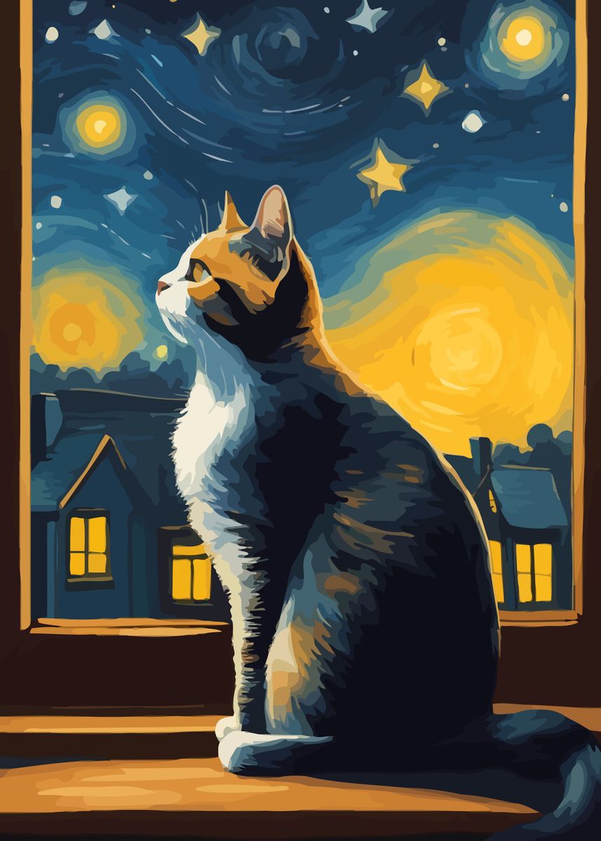 'Starry Night Cat ' Poster, picture, metal print, paint by Animal ...
